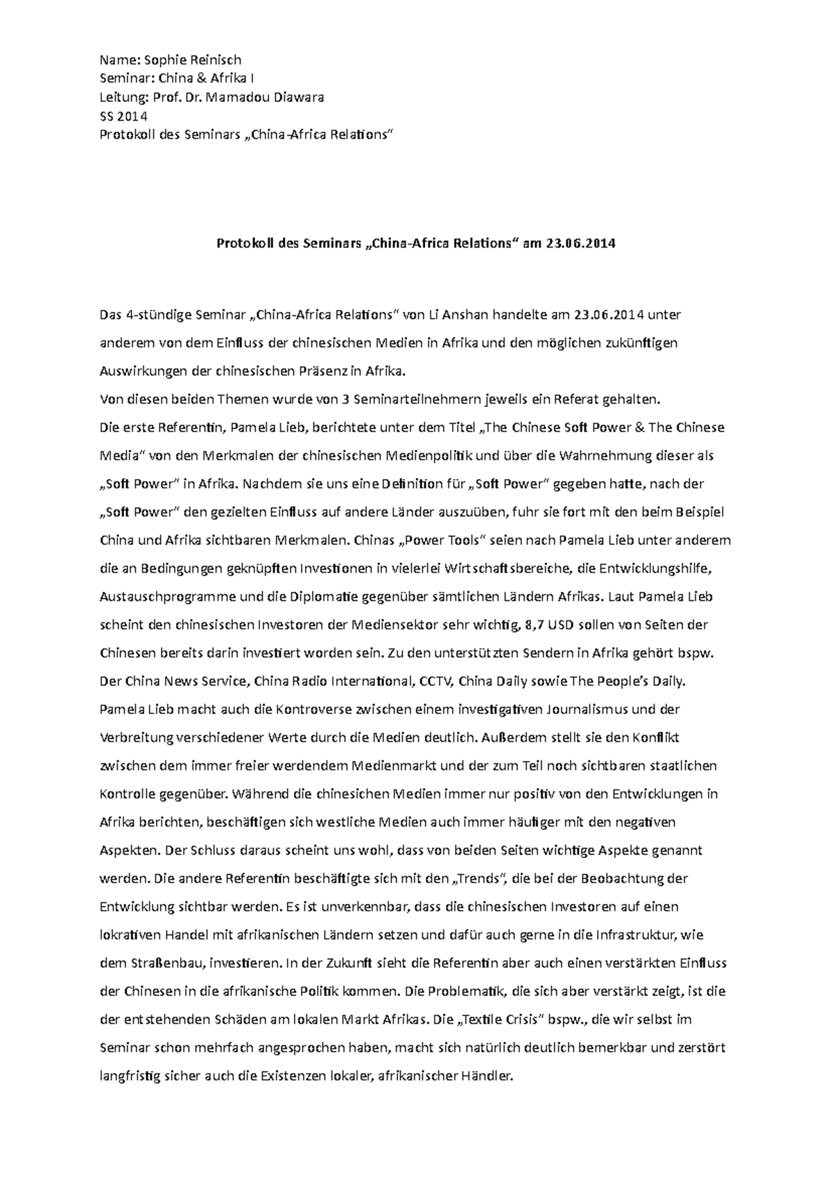 Protokoll Seminars China-Africa Relations - China und Afrika - Uni ...