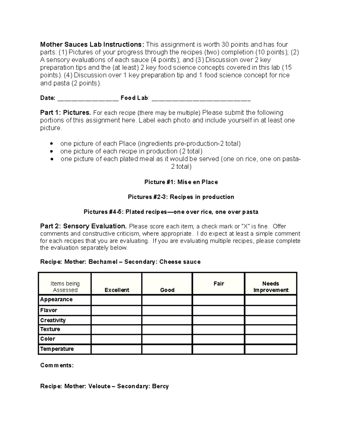 Mother Sauces Lab Report 2020 - Mother Sauces Lab Instructions: This ...