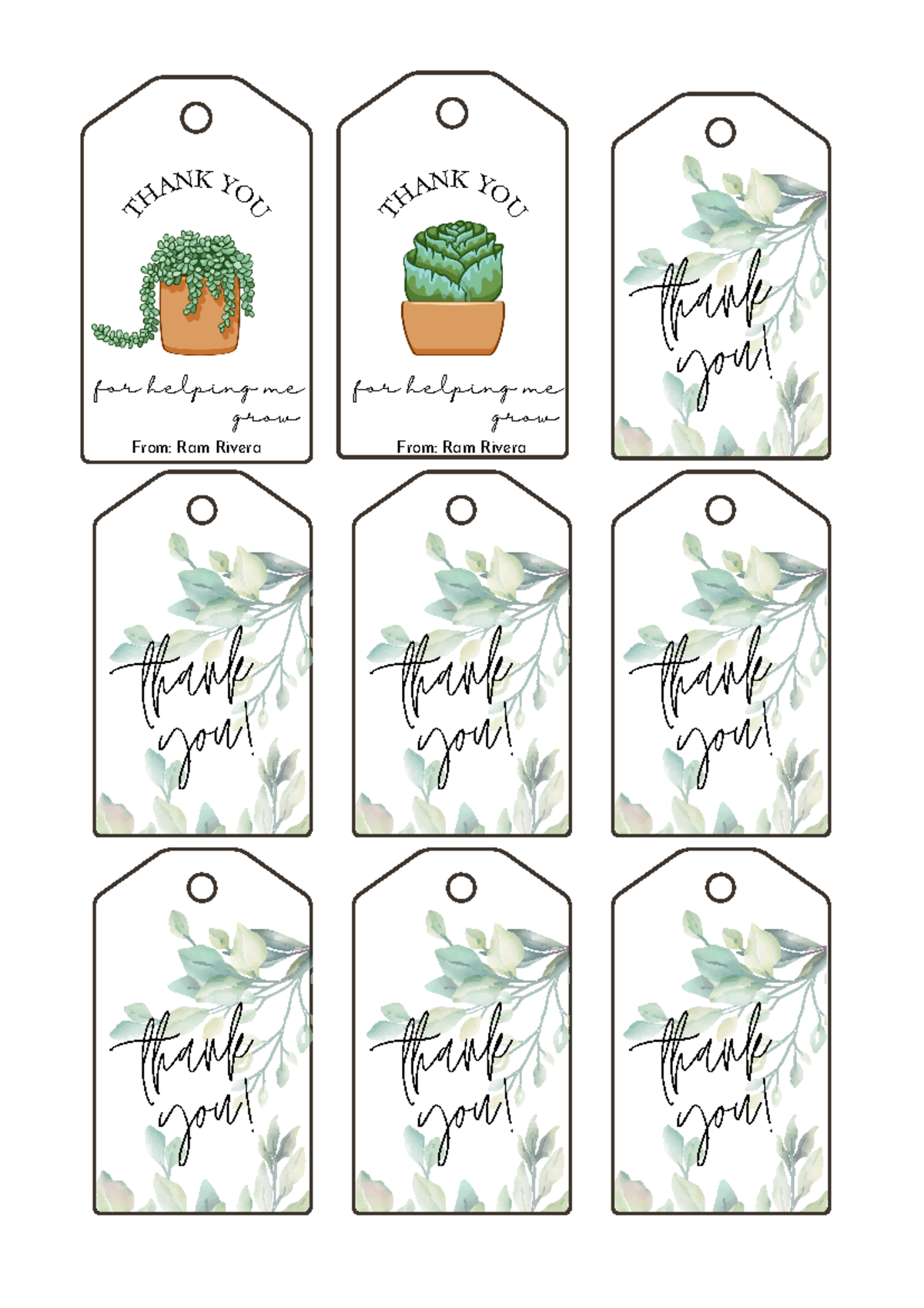 Green Organic Watercolor Illustrated Thank You Tags A4 Document ...