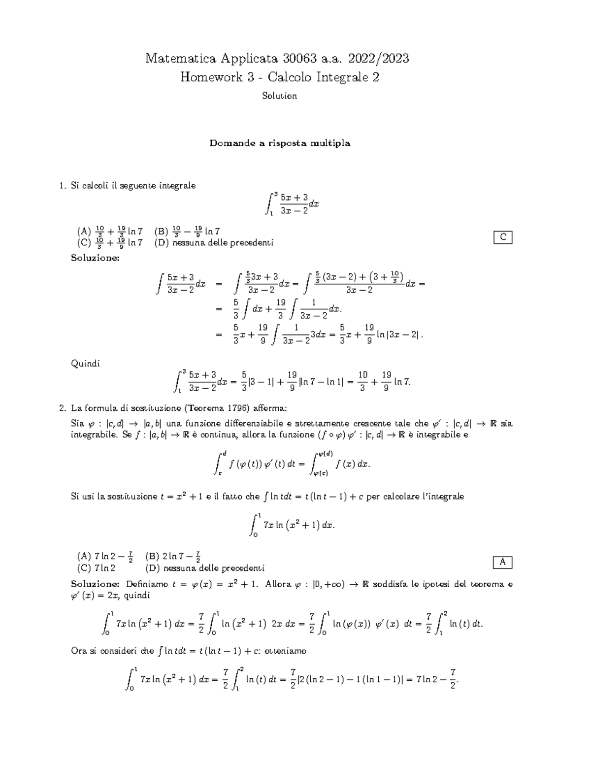 30063 Homework Calcolo integrale 1 ITA Soluzione - Matematica Applicata ...