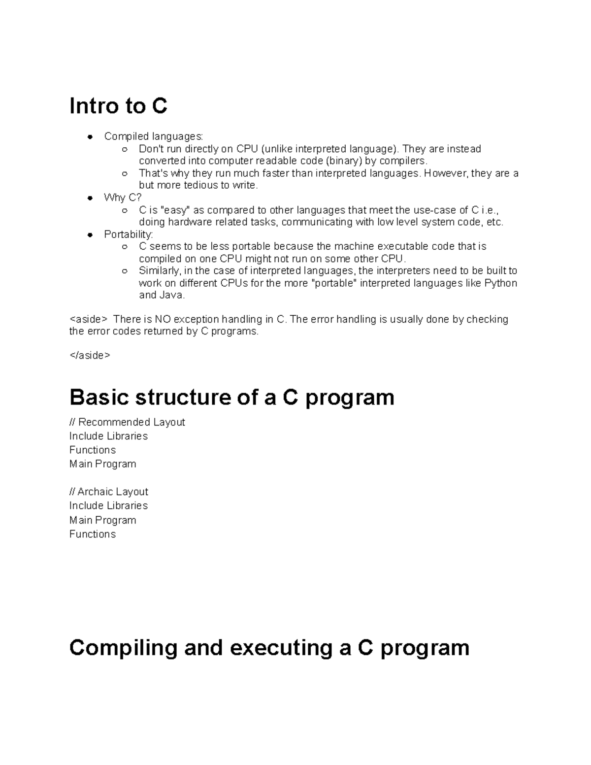 Intro to C - lecture 12 for hardware systems at marquette - Intro to C Compiled languages: Don't ...