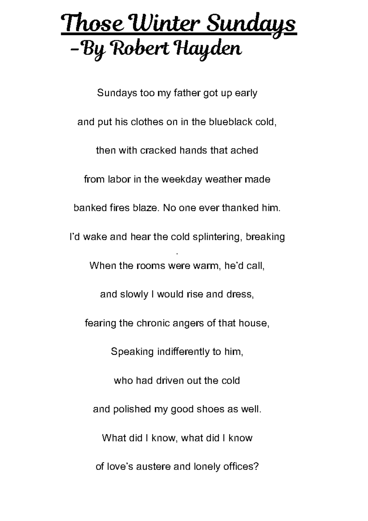 Those winter sundays - poem - Those Winter Sundays -By Robert Hayden ...