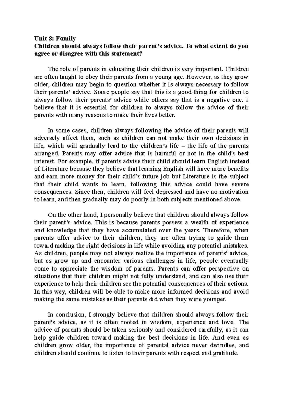 Task 2 Family - Unit 8: Family Children should always follow their ...