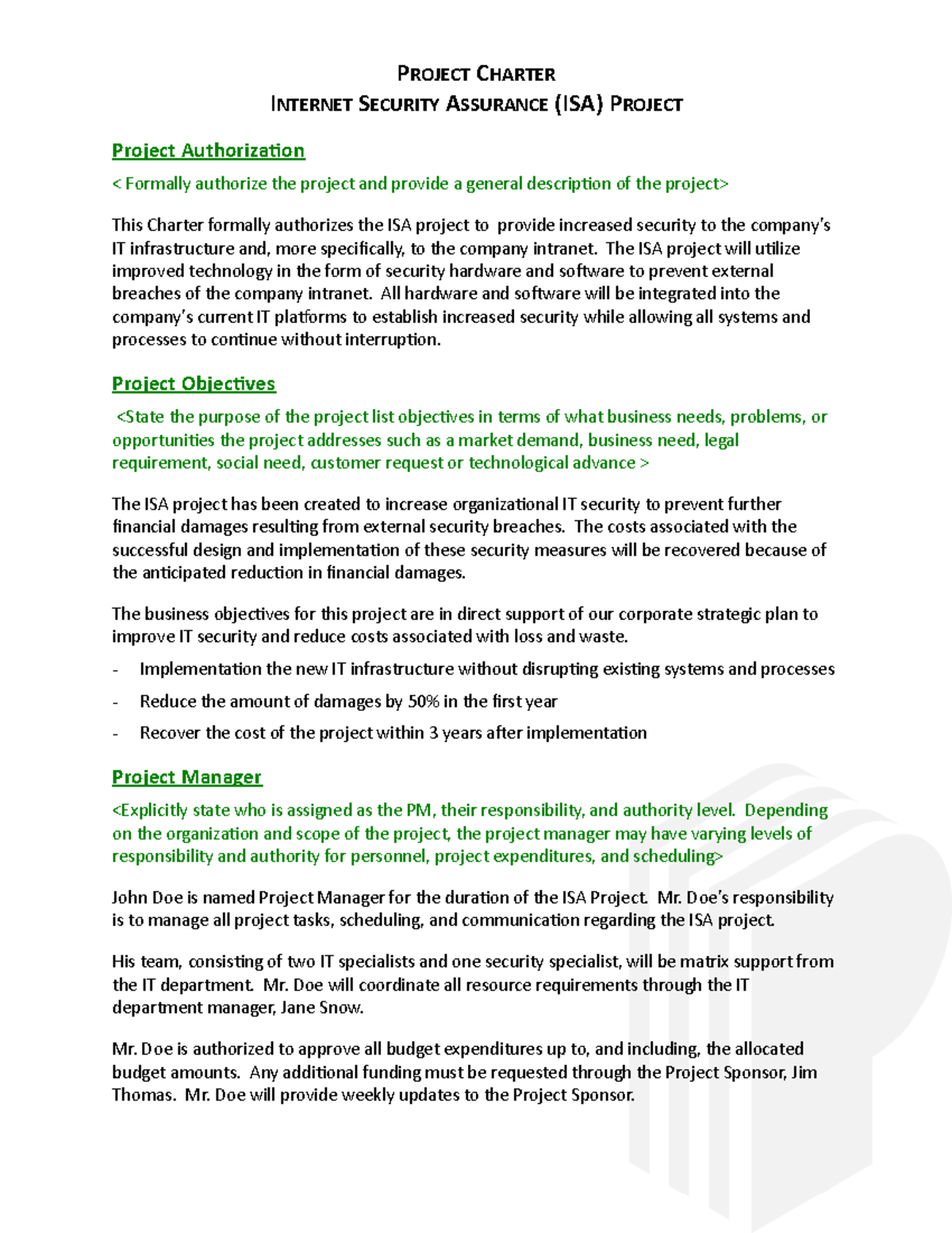 Sample - Project Charter - PROJECT CHARTER INTERNET SECURITY ASSURANCE ...
