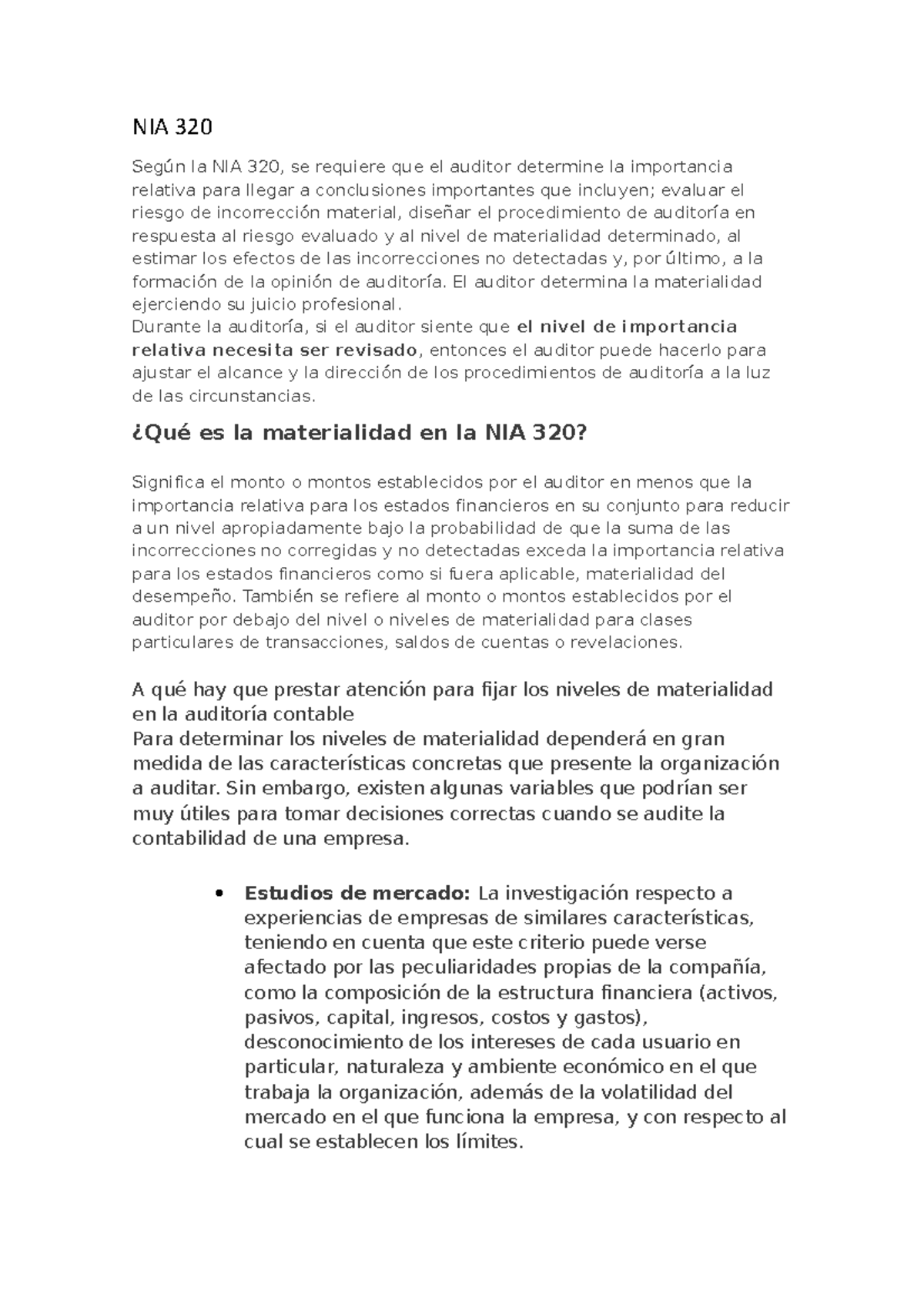 Ensayo de la Unidad 2 - NIA 320 Según la NIA 320, se requiere que el ...