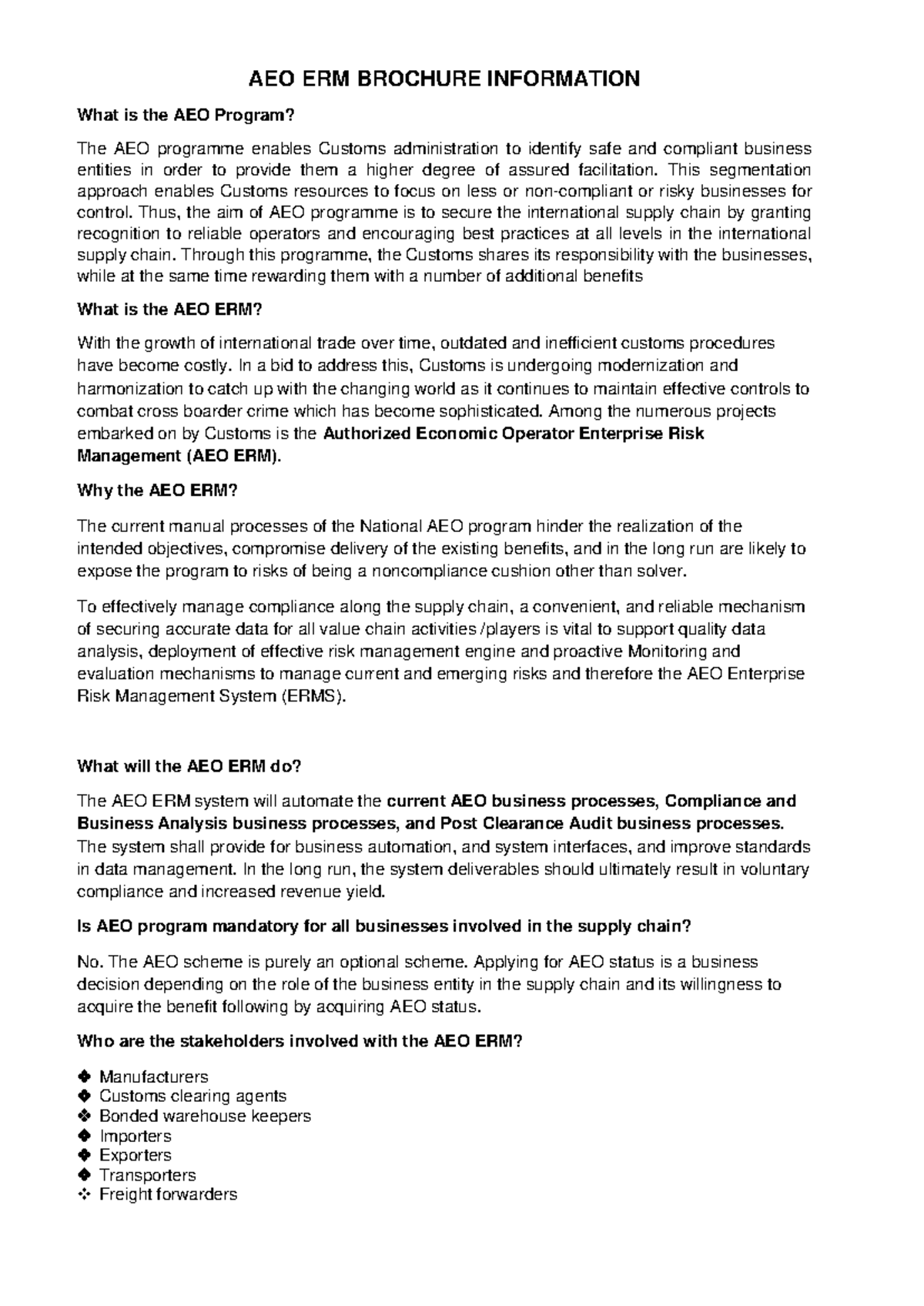 AEO ERM Brochure Information - AEO ERM BROCHURE INFORMATION What is the AEO Program? The AEO ...