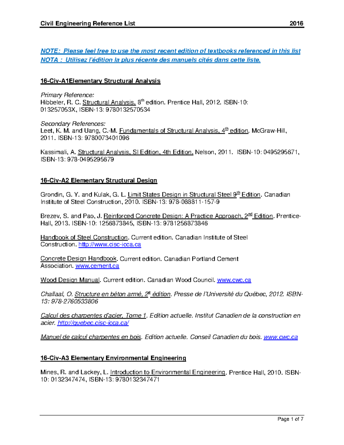 Civil reference textbooks - Civil Engineering Reference List 2016 NOTE ...