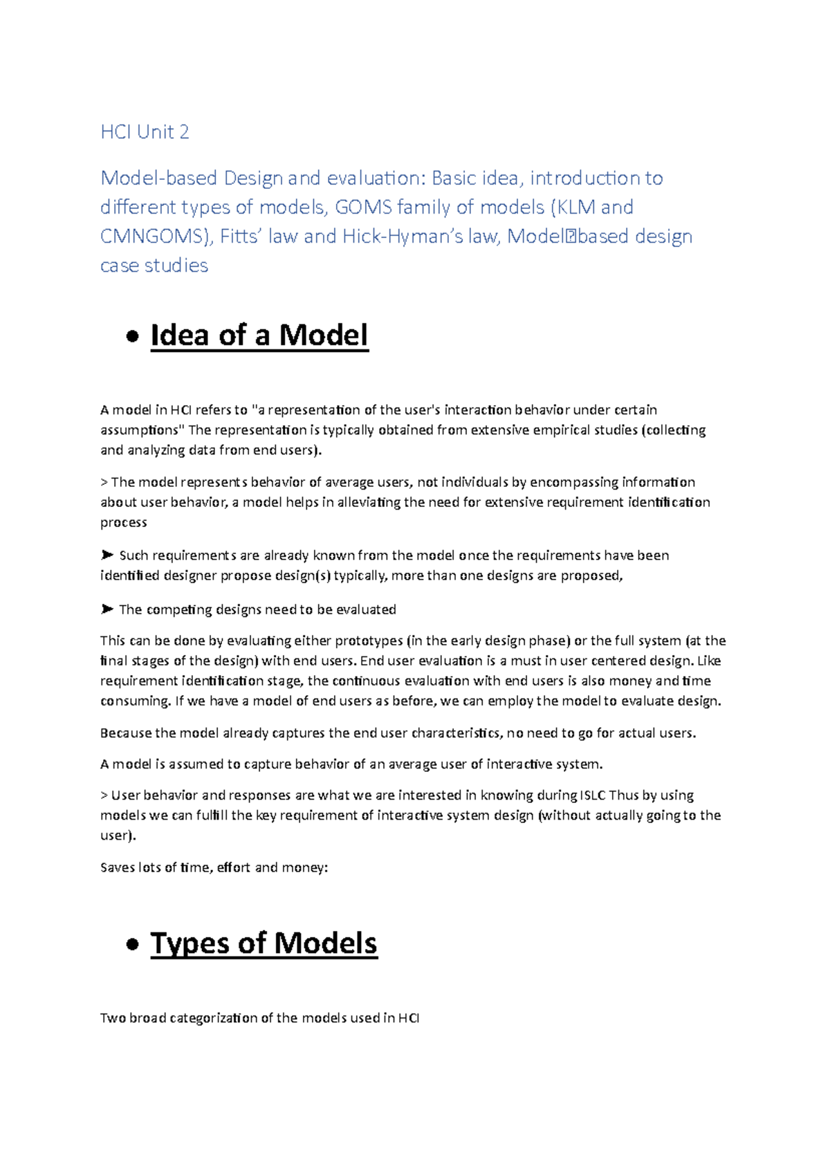 HCI Unit 2 - HCI Unit 2 Model-based Design and evaluation: Basic idea, introduction to different ...