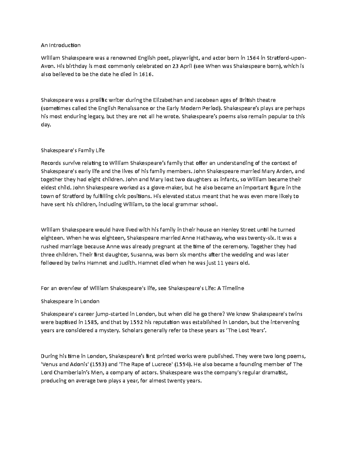 William shakespear - An Introduction William Shakespeare was a renowned ...