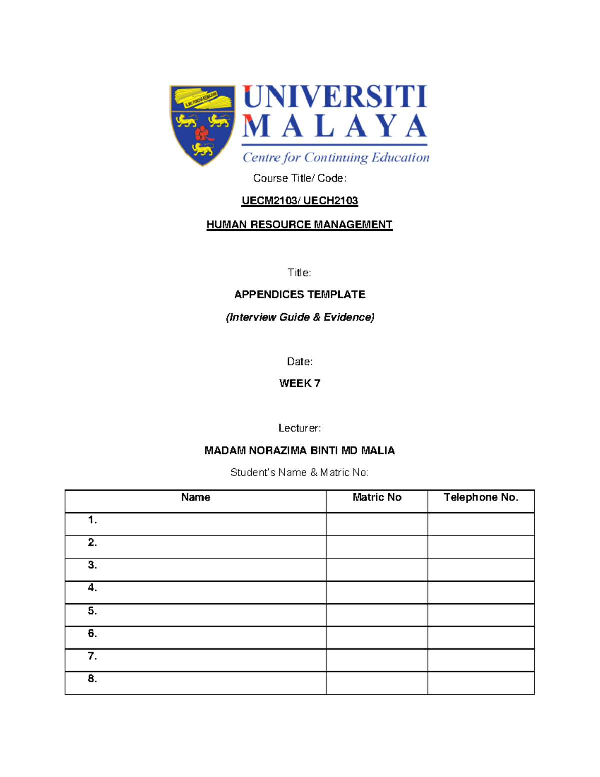 2. Appendices Template (Handwritten) - Course Title/ Code: UECM2103/ UECH HUMAN RESOURCE ...