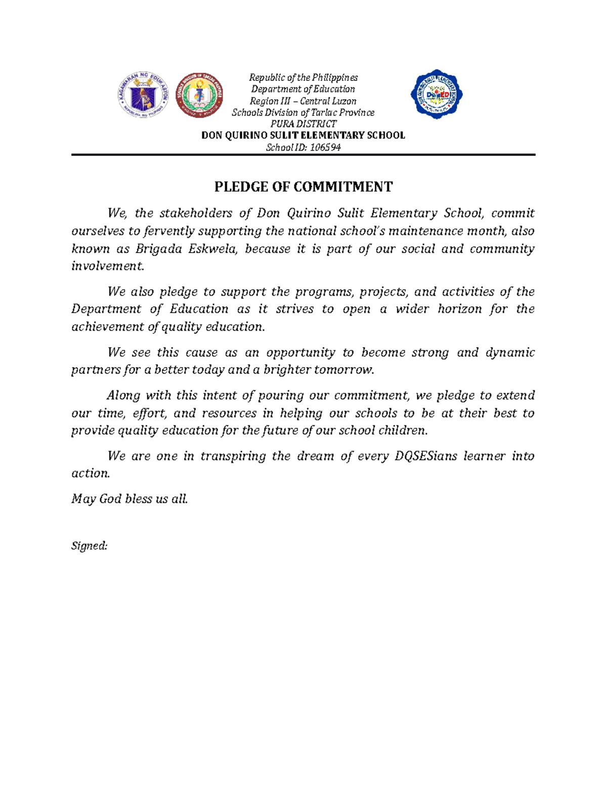 Pledge of Commitment - Republic of the Philippines Department of ...