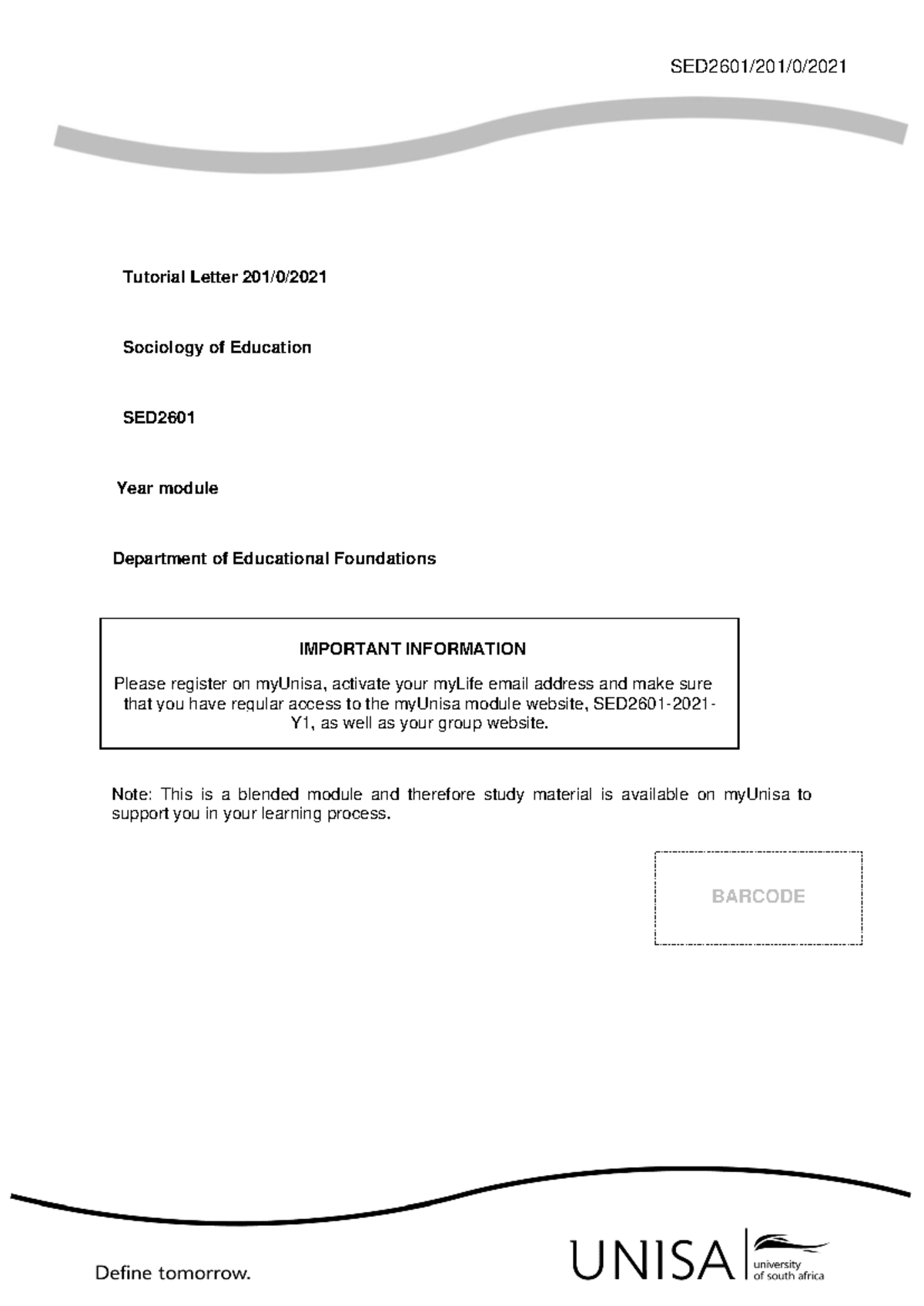 Sociology of education 2021 Tutorial Letter 201 - SED2601/ 2 01/ 0 /202 ...