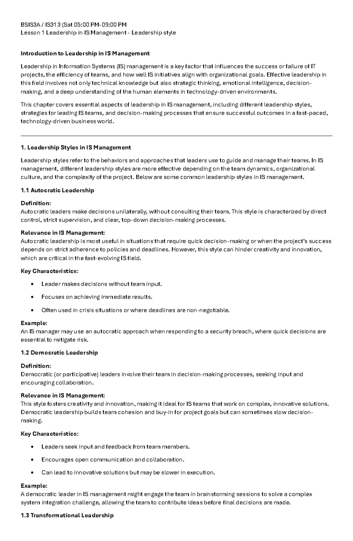 Lesson 1 Leadership in IS Management Leadership style - Lesson 1 ...