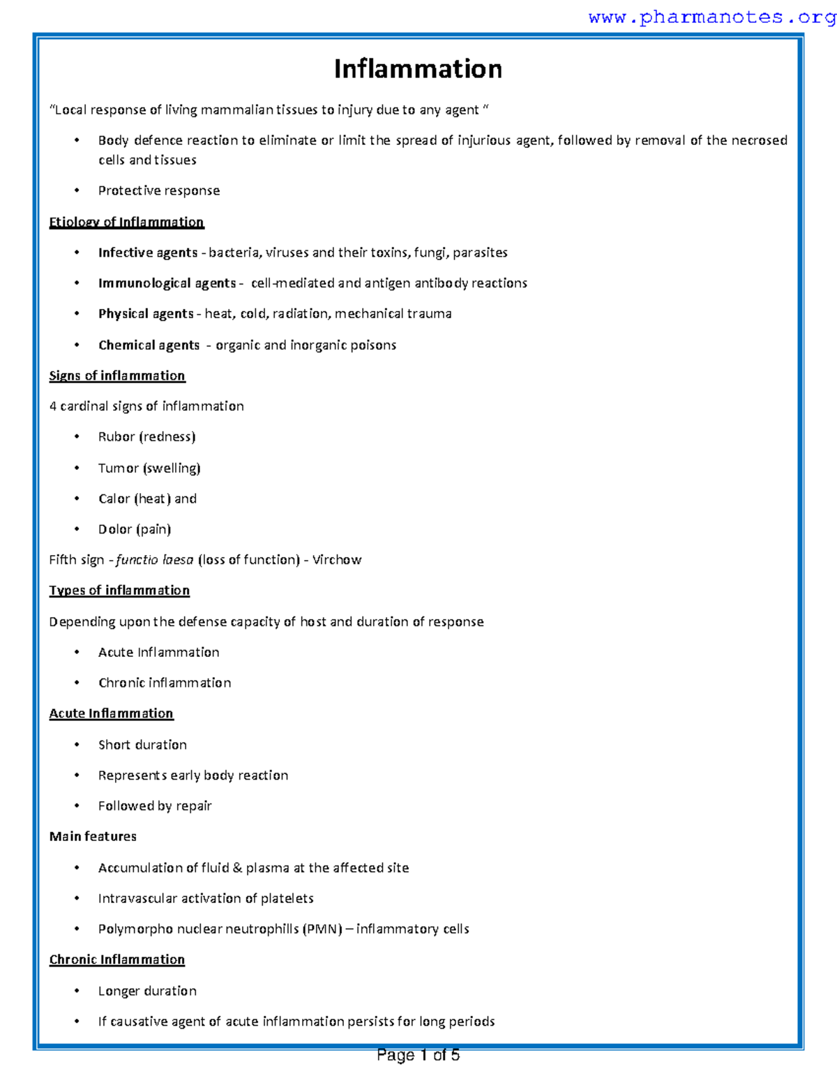 Inflammation - Acute - Notes - Inflammation