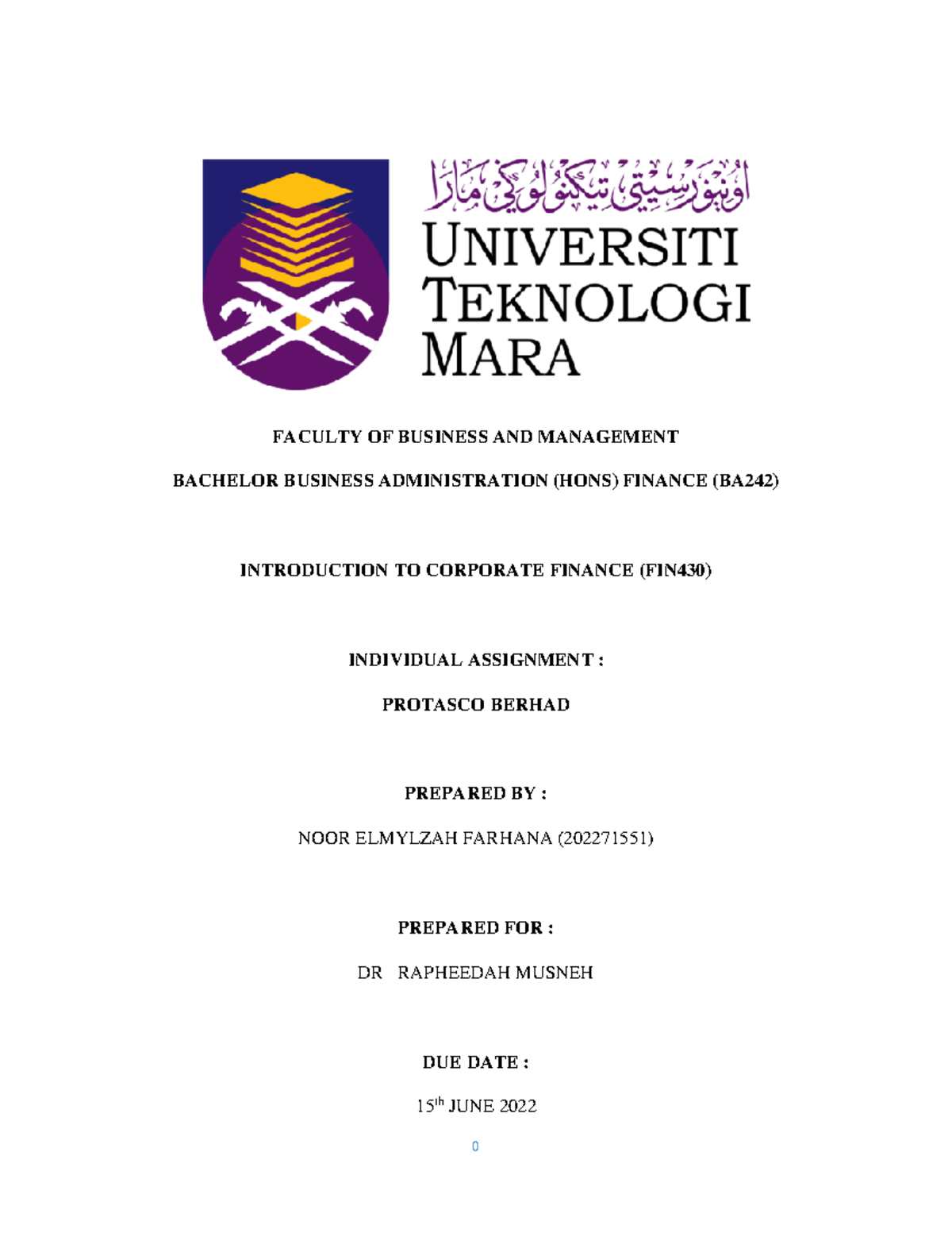 PROTASCO BERHAD - FACULTY OF BUSINESS AND MANAGEMENT BACHELOR BUSINESS ADMINISTRATION (HONS ...