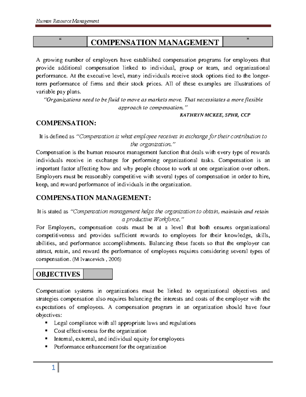 Week6 MG333 Compensation+Management Handouts Part1 - Human Resource ...