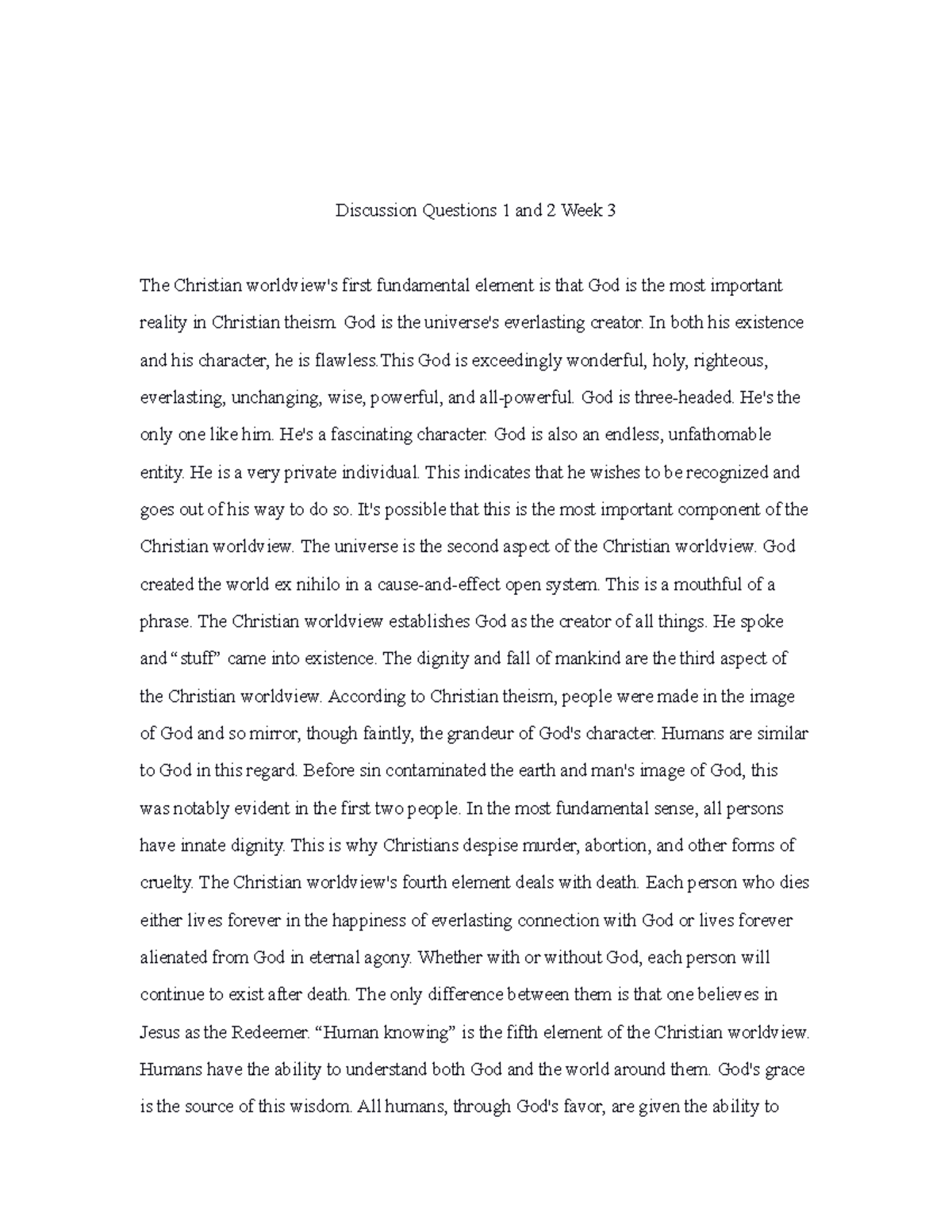 Discussion Questions Week 3 - Discussion Questions 1 and 2 Week 3 The ...