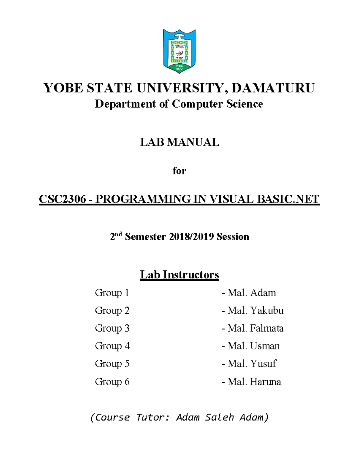 CSC 2306 Lab Manual 1 - Warning: TT: undefined function: 22 YOBE STATE UNIVERSITY, DAMATURU ...
