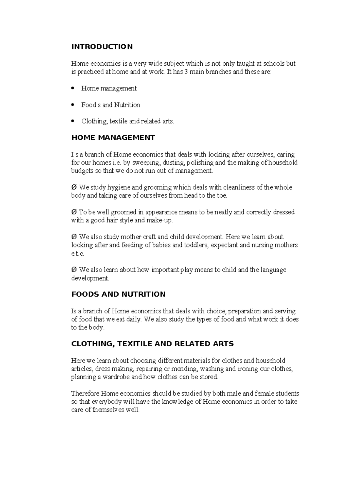 Introduction of Home Economics - INTRODUCTION Home economics is a very ...