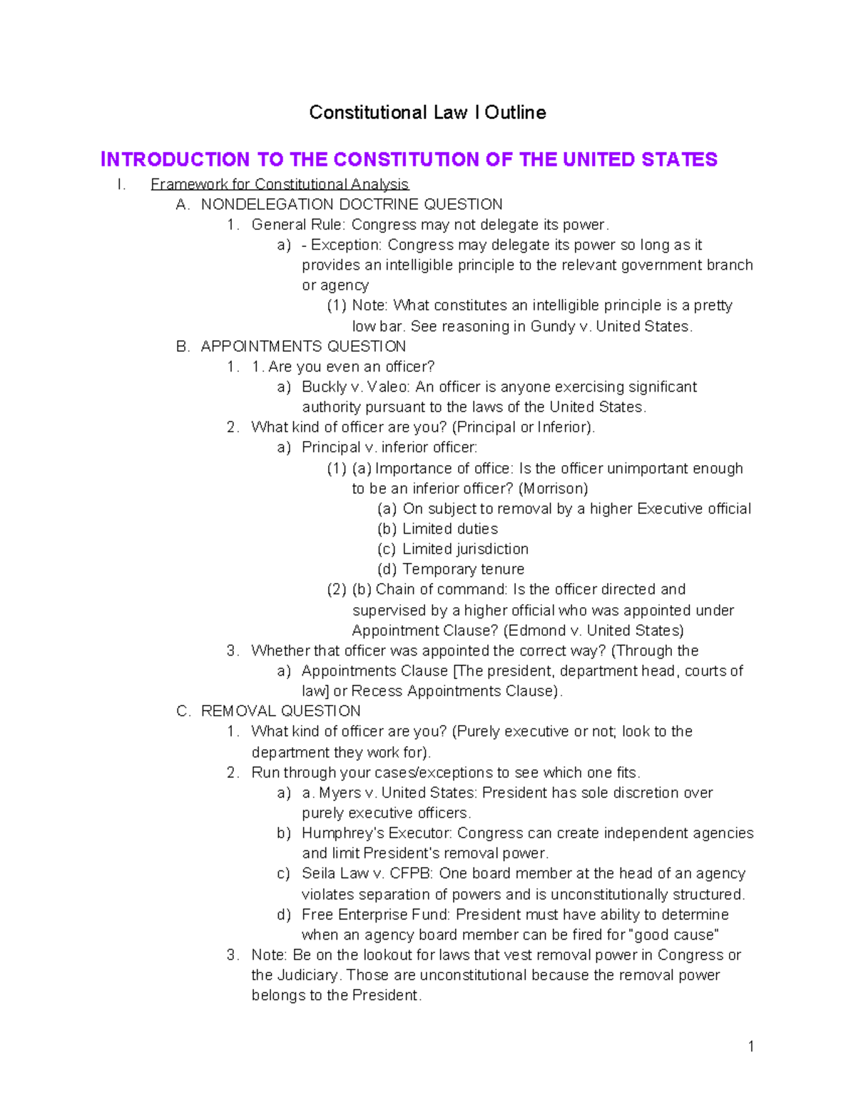 Con Law 1 Outline - Constitutional Law I Outline INTRODUCTION TO THE ...