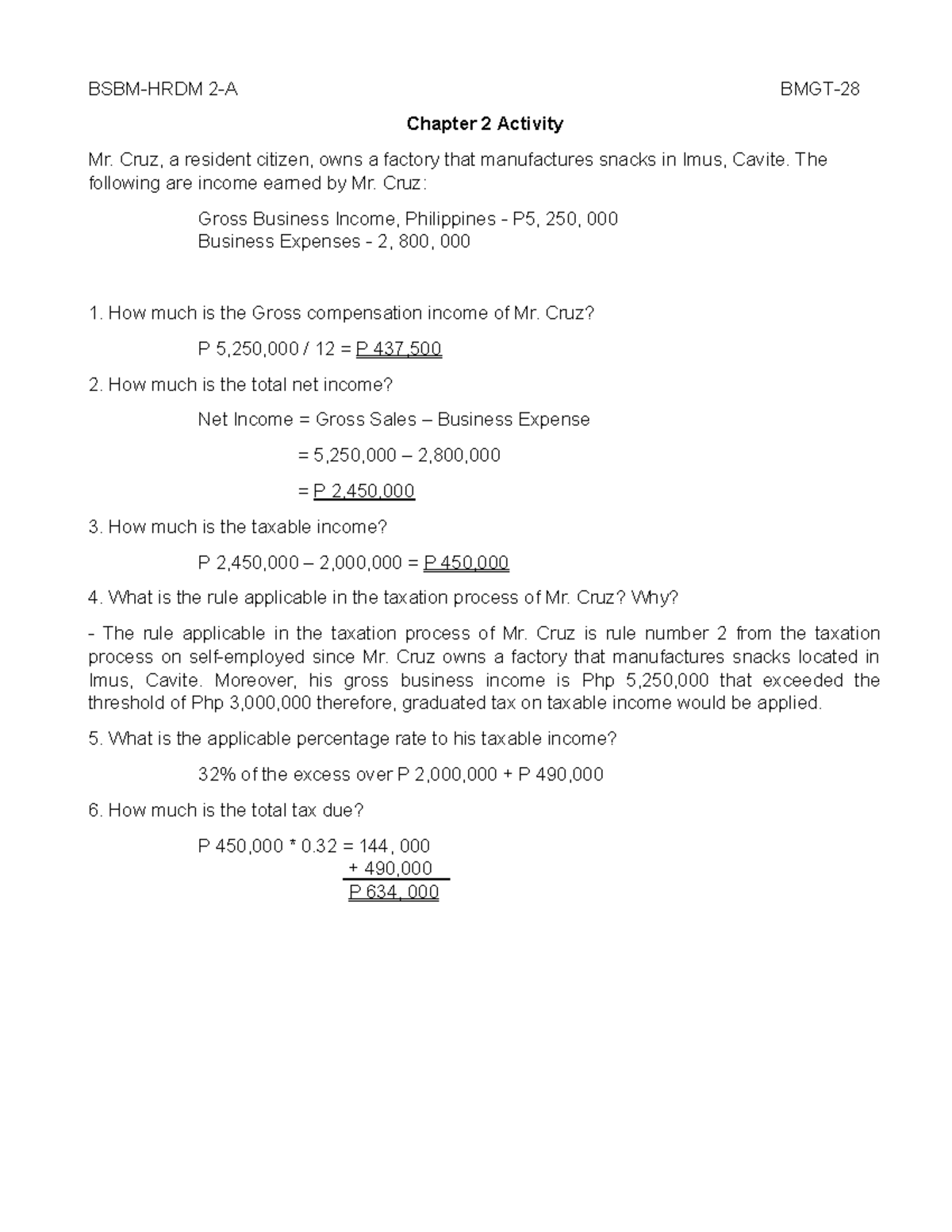 Income and taxation - Chapter 2 Activity - BSBM-HRDM 2-A BMGT- Chapter ...
