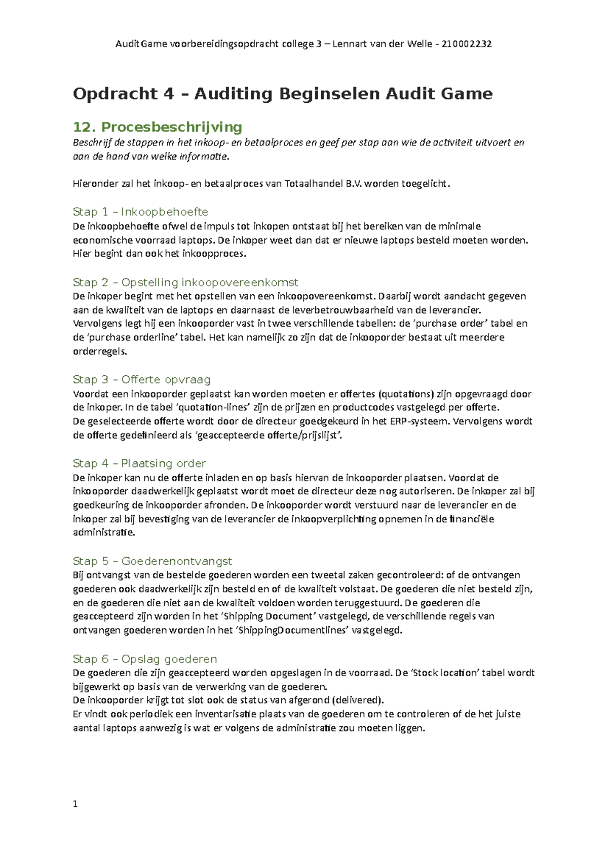 Opdracht Audit GAme 4 Auditing Beginselen vander Welle 210002232 ...