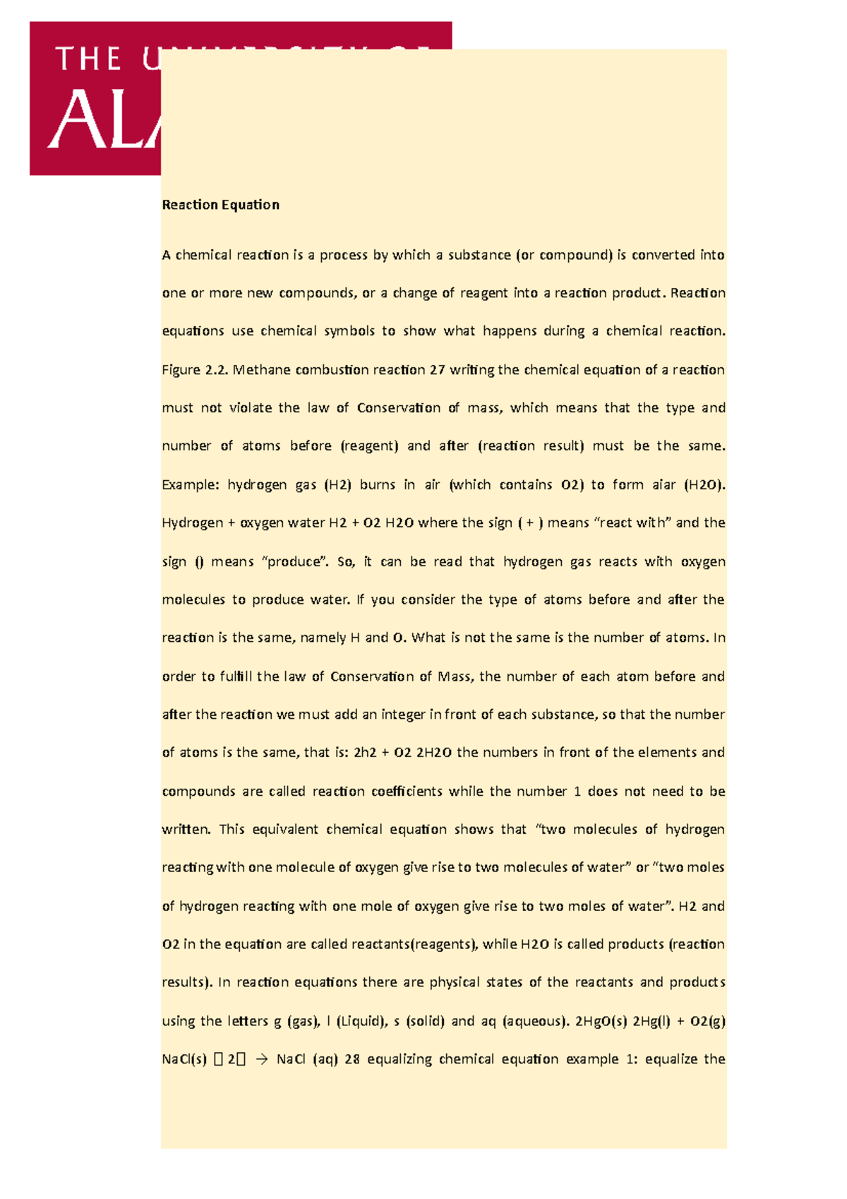 Lecture Documents Chemistry - Reaction Equation - Reaction Equation A ...