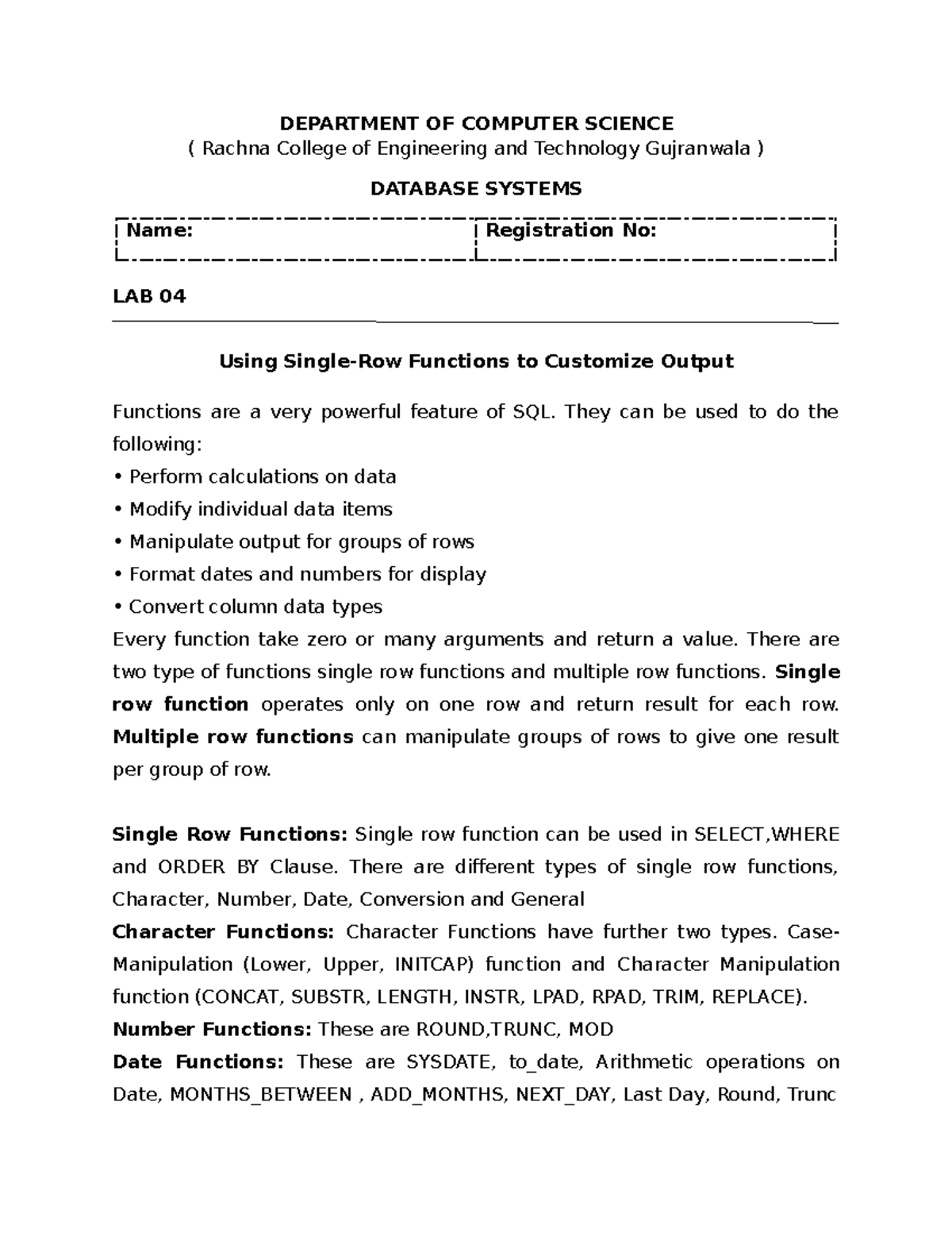 DB-Lab4 - DEPARTMENT OF COMPUTER SCIENCE ( Rachna College of Engineering and Technology ...