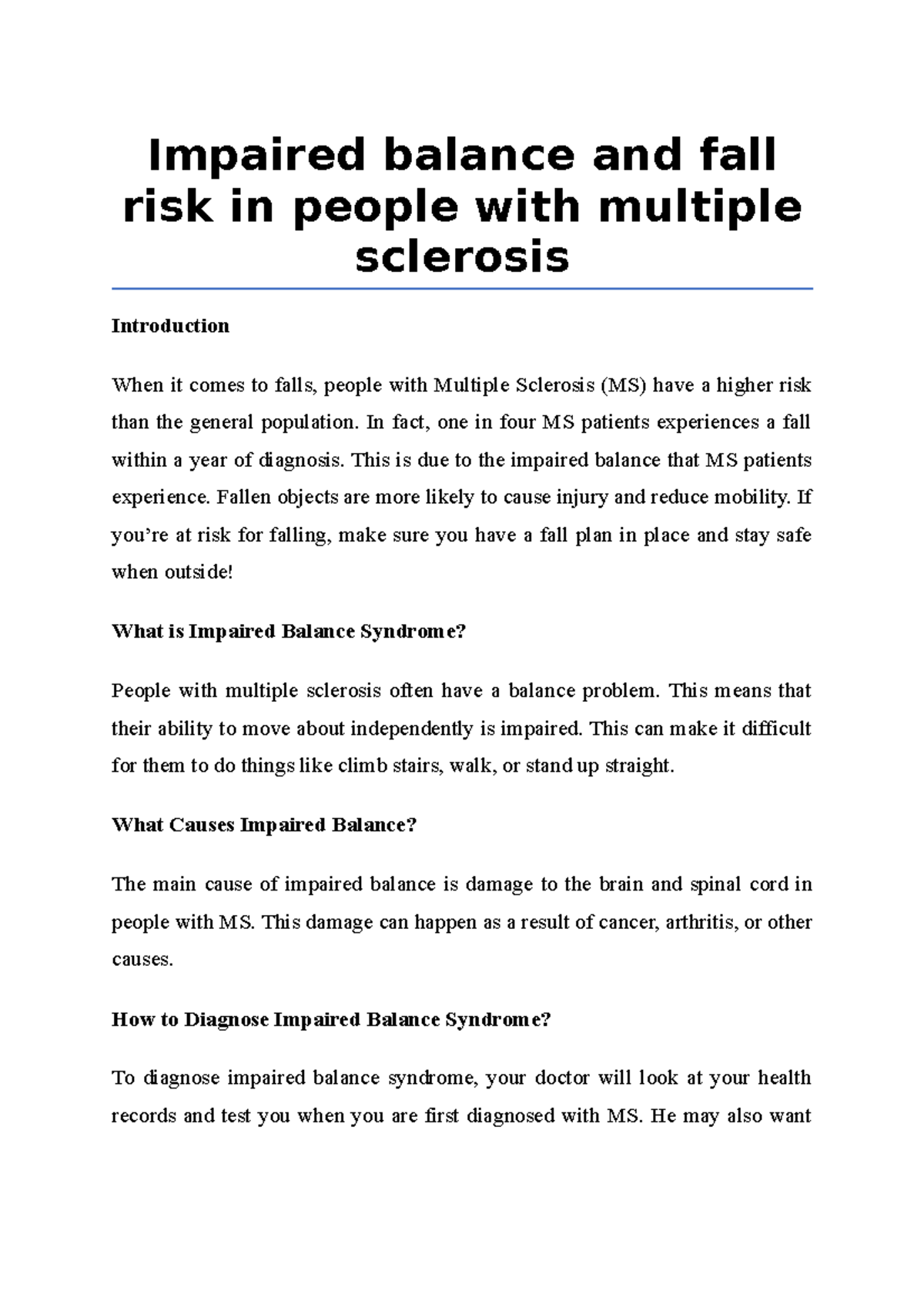 Impaired balance and fall risk in people with multiple sclerosis ...