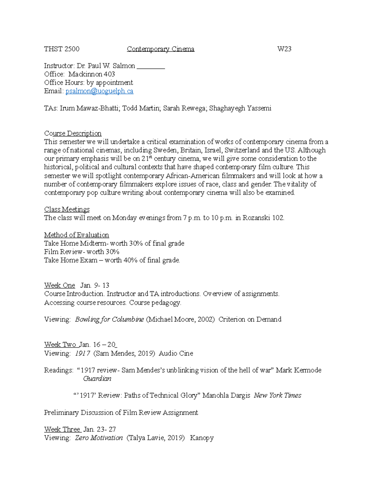 THST 2500 Course Outline W23 - THST 2500 Contemporary Cinema W ...