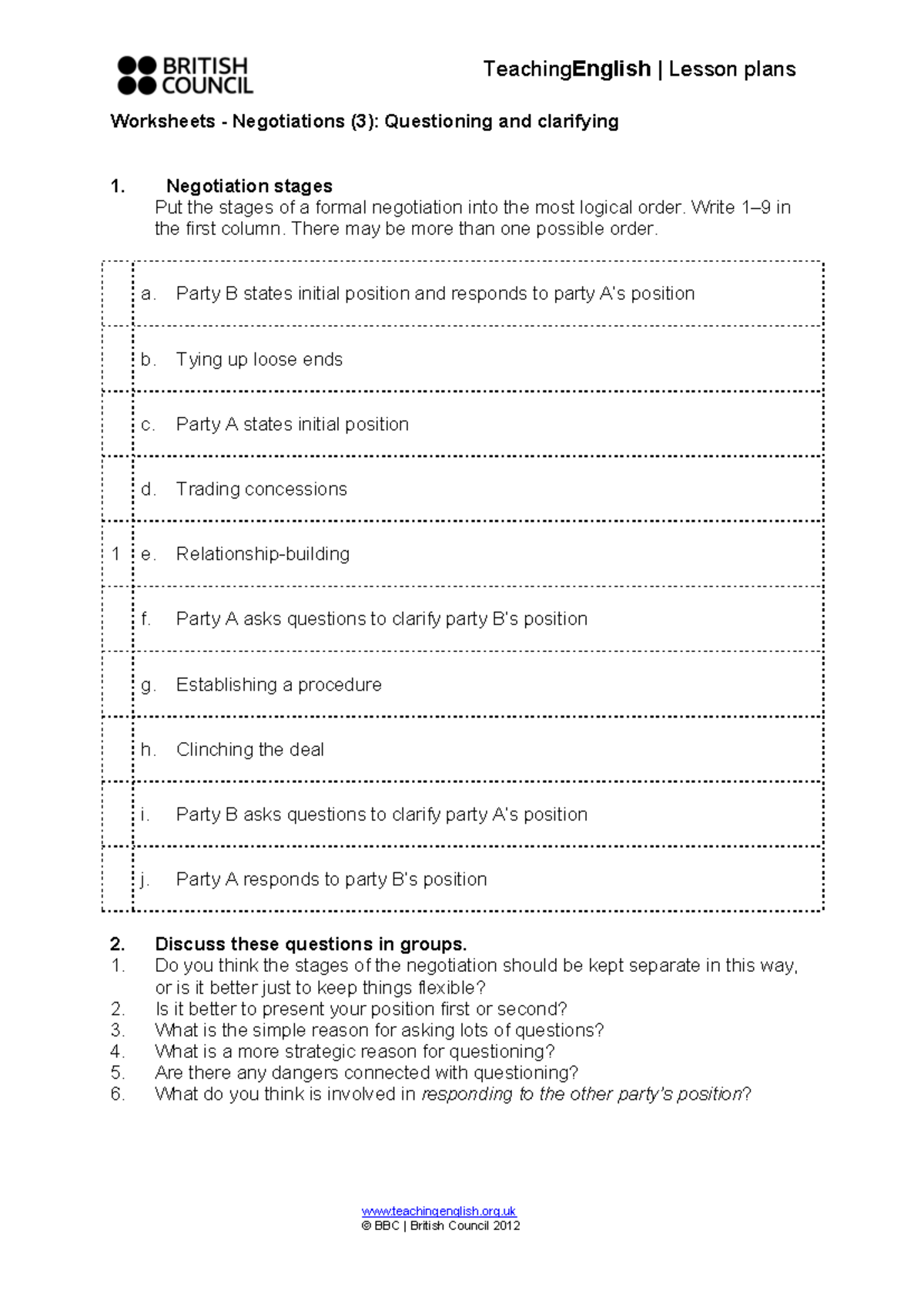 Negotiations 3 Questioning and clarifying worksheet - teachingenglish ...
