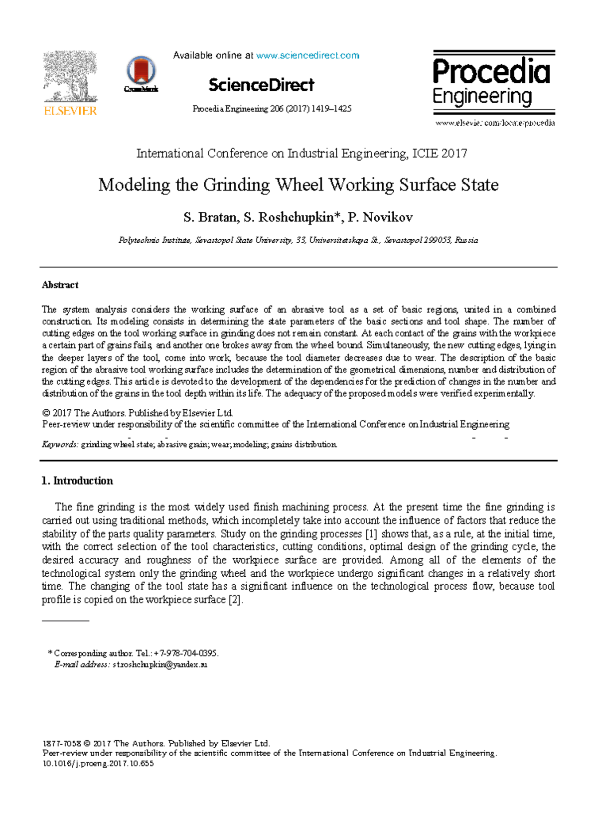 Modeling the grinding wheel working surface state - ScienceDirect Available online at ...