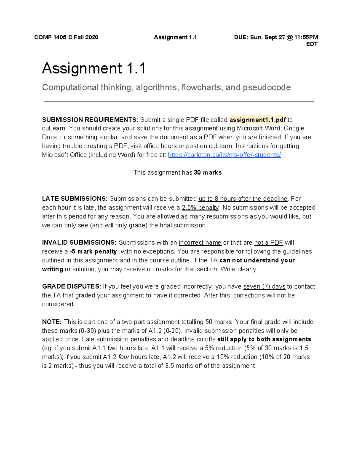 Assignment 1 Specification Comp 1405 C Fall 2020 Assignment 1 Due Sun Sept 27 11 55pm Edt