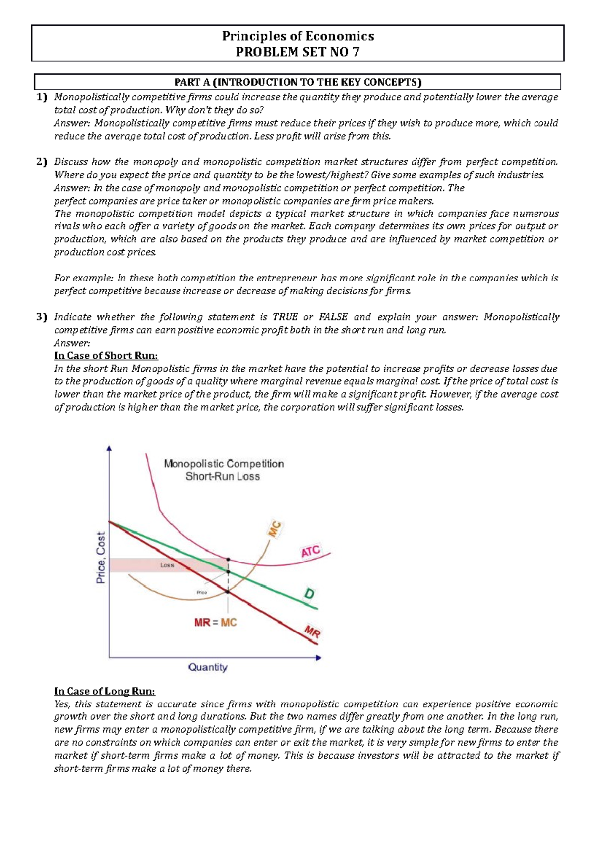 Week 7 assignment - Principles of Economics PROBLEM SET NO 7 PART A ...