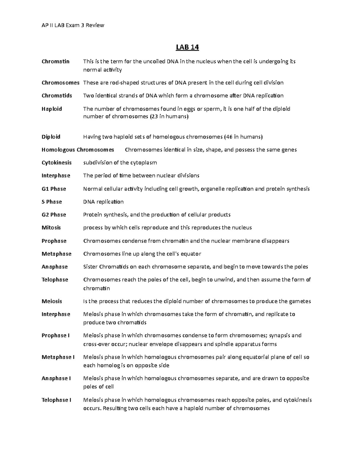 AP II LAB Exam 3 Review - Exam 3 lecture notes - LAB 14 Chromatin This ...