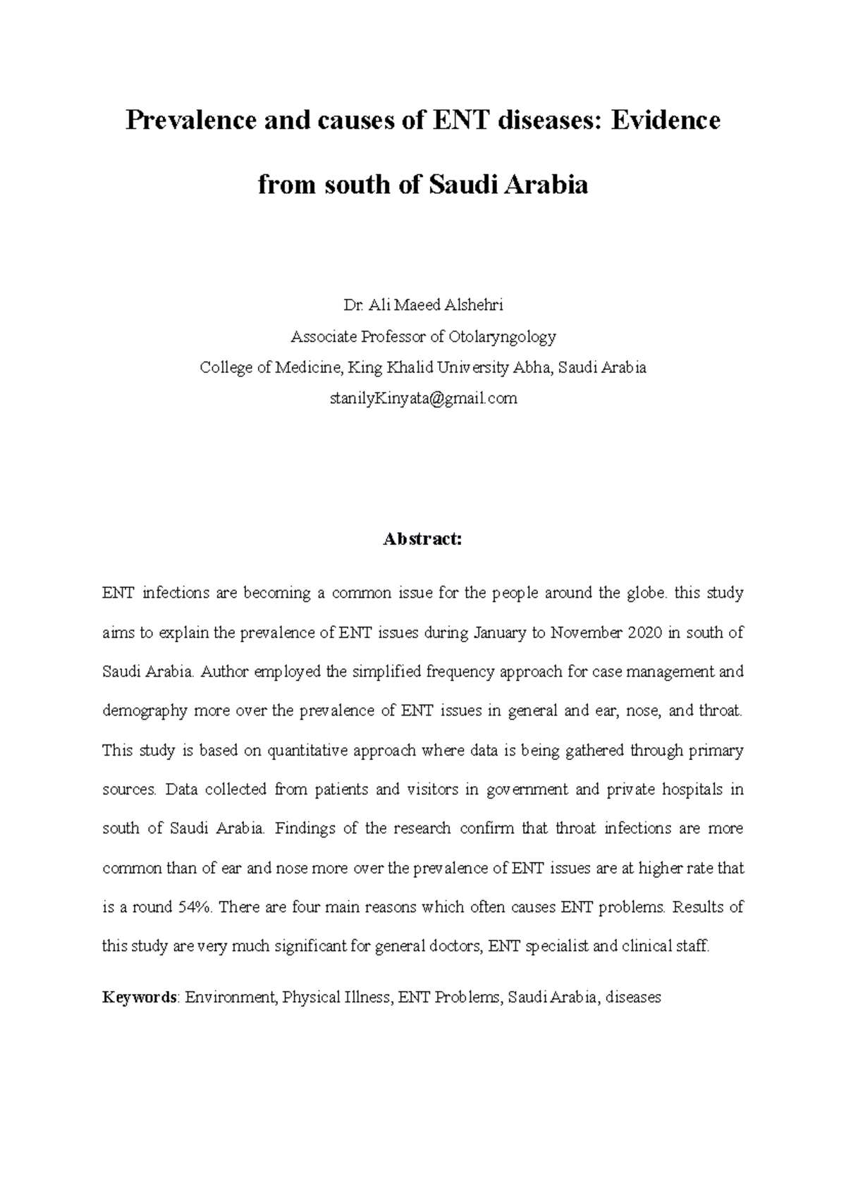 Prevalence and causes of ENT diseases - Ali Maeed Alshehri Associate ...
