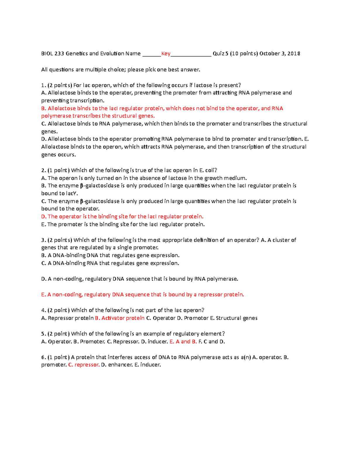 Quiz 5 - BIOL 233 Genetics and Evolution Name Key_______ Quiz 5 (10 ...