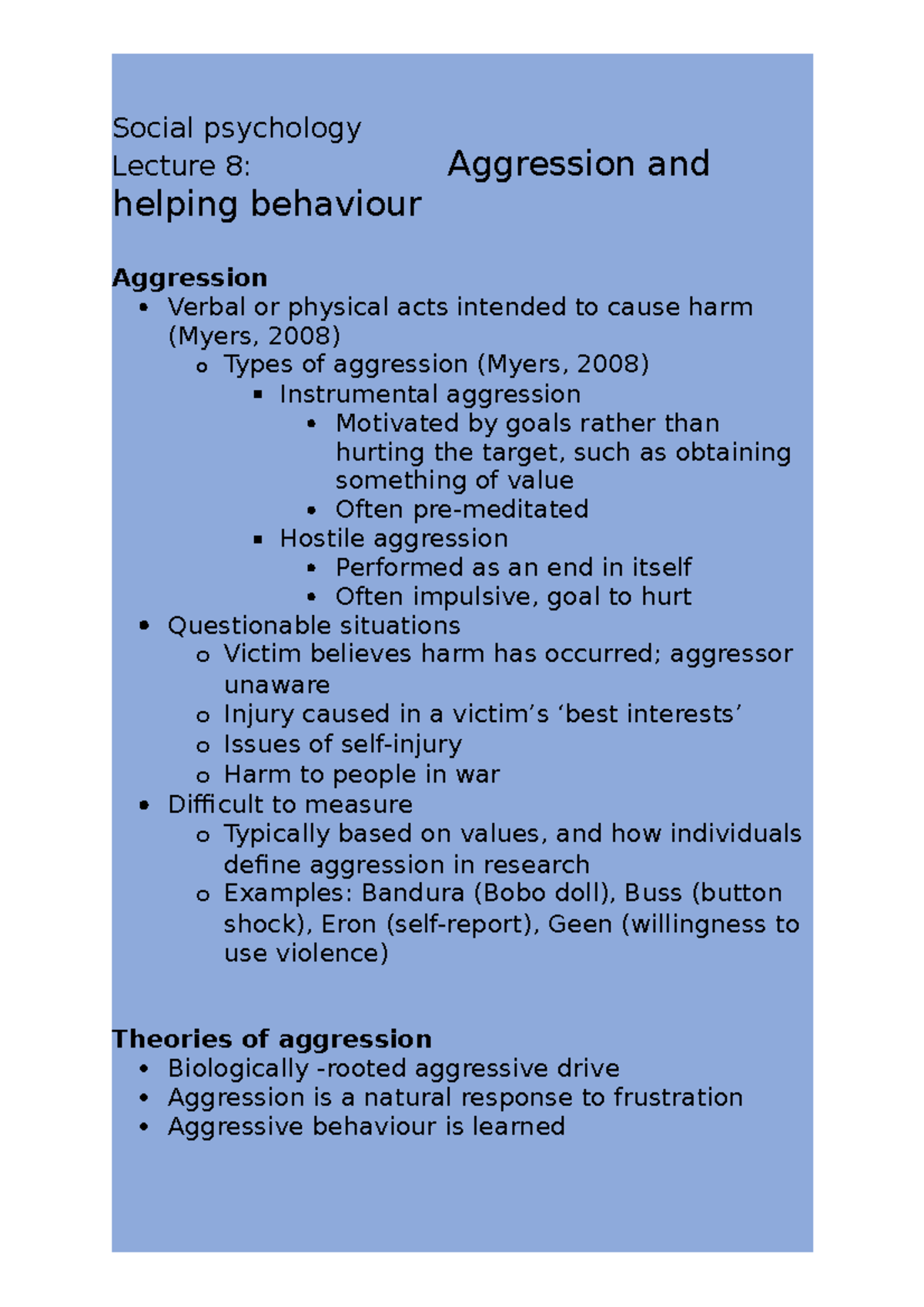 8 - aggression - Lecture notes 8 - Social psychology Lecture 8 ...