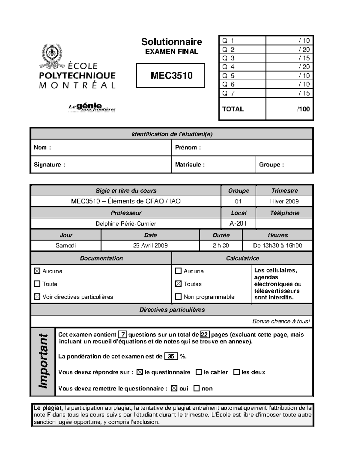 MEC3510 Final 1 H2009 QS - Solutionnaire EXAMEN FINAL MEC Q 1 / 10 Q 2 ...