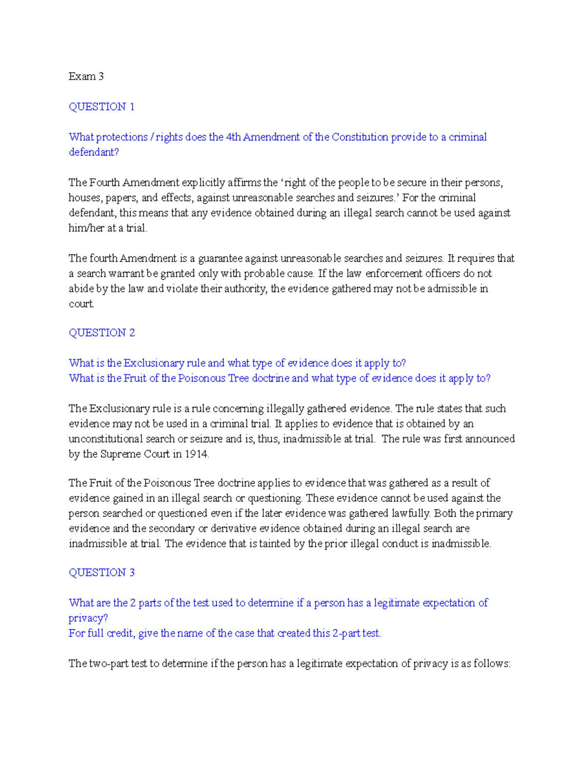 Exam 3 with Answers - Exam 3 QUESTION 1 What protections / rights does ...