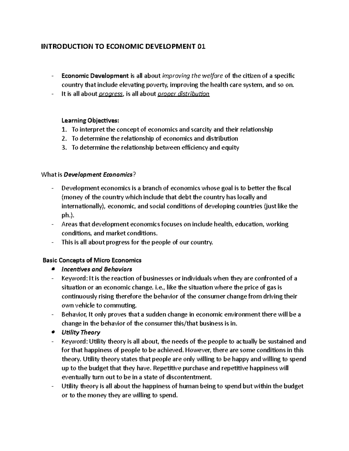 Econ. Notes - INTRODUCTION TO ECONOMIC DEVELOPMENT 01 Economic ...