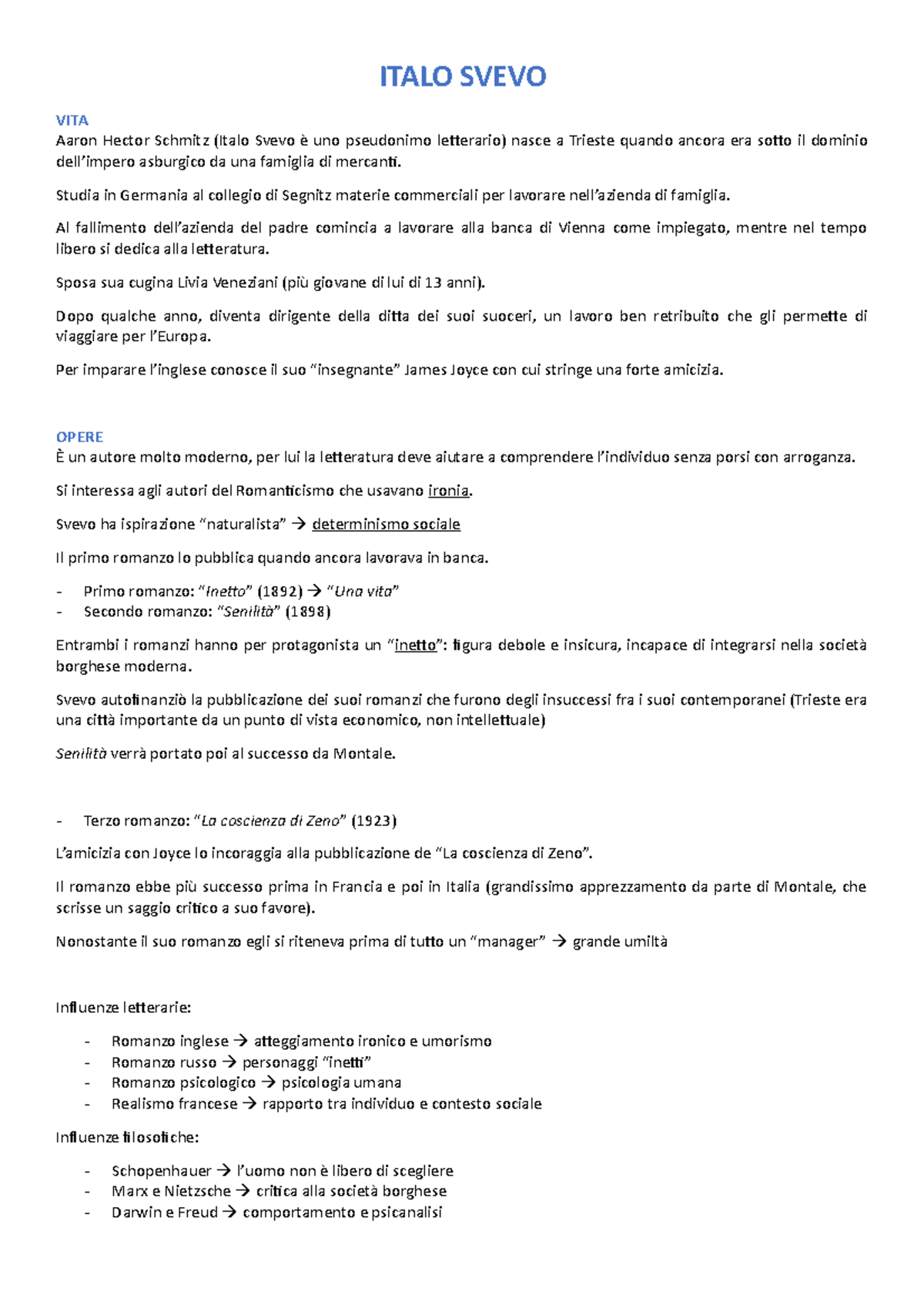 Italo svevo - ITALO SVEVO VITA Aaron Hector Schmitz (Italo Svevo è uno pseudonimo letterario ...