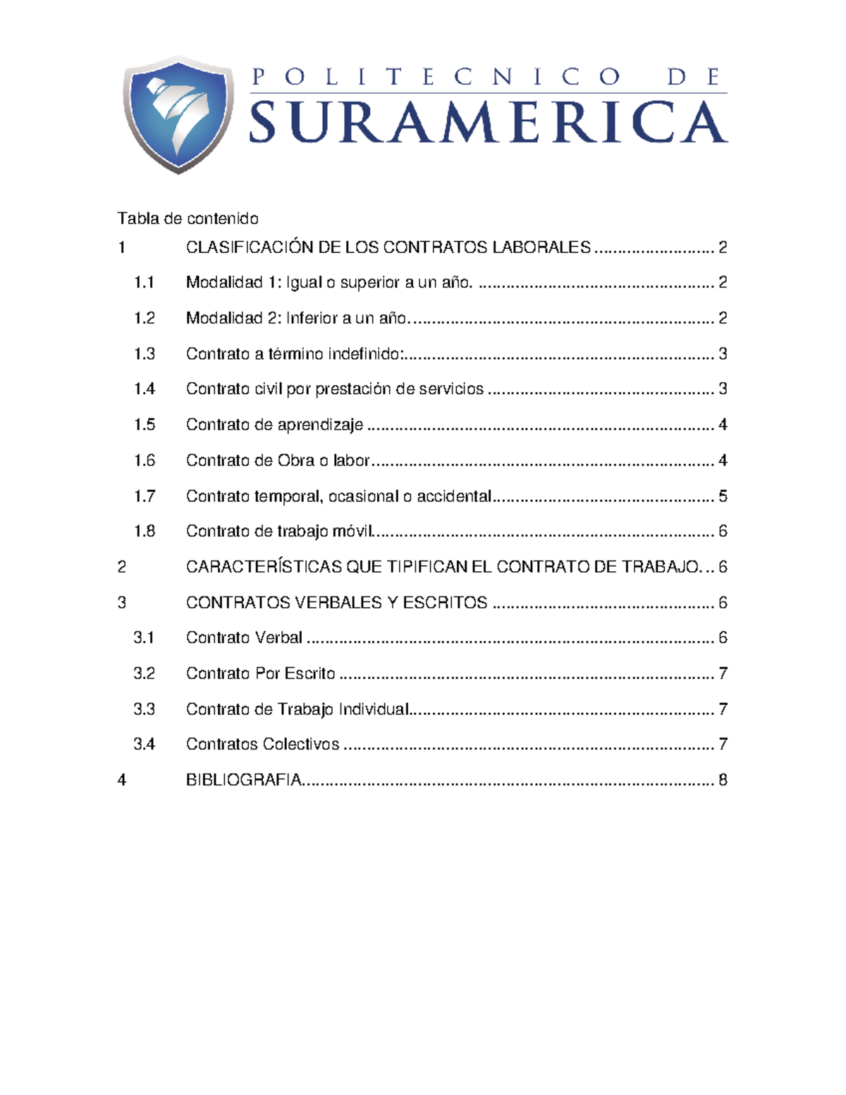 2. Clasificación DE LOS Contratos Laborales - Tabla de contenido 1 ...