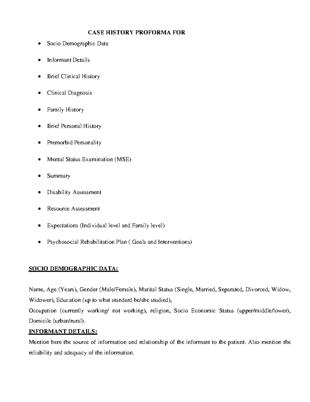 Case history performa modified - CASE HISTORY PROFORMA FOR Socio ...