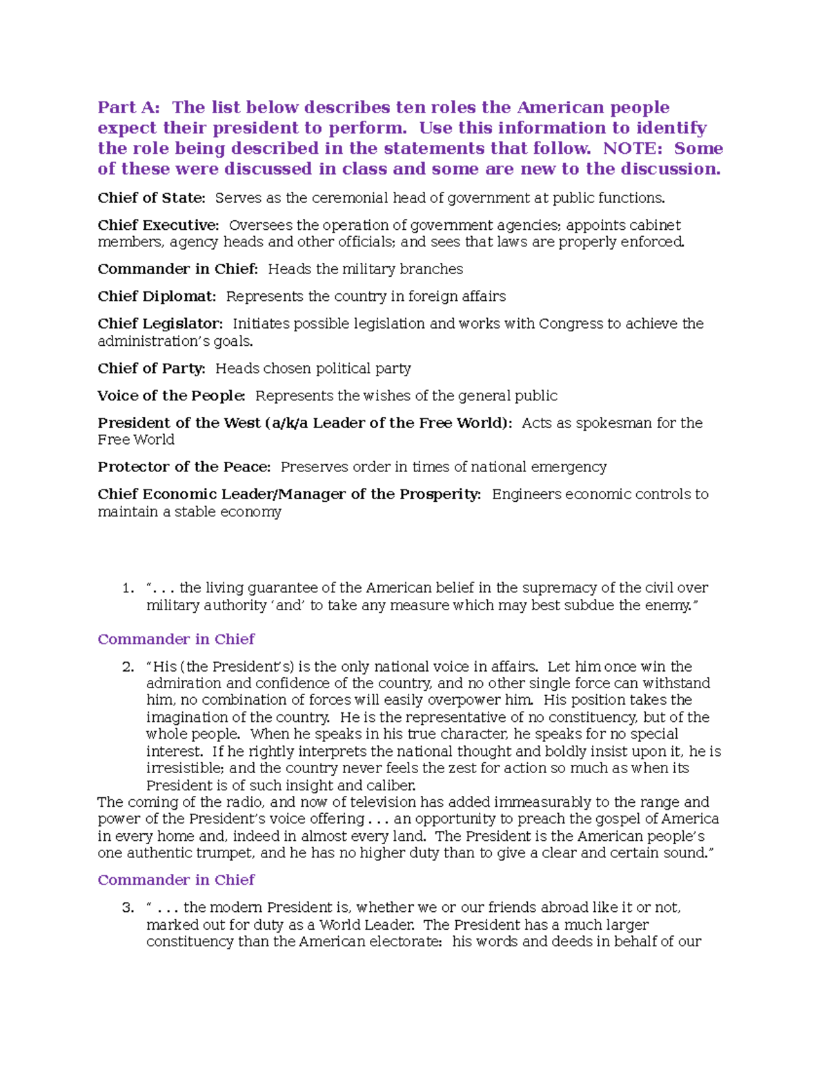 Ap gopo. Presidential roles lesson - Part A: The list below describes ...