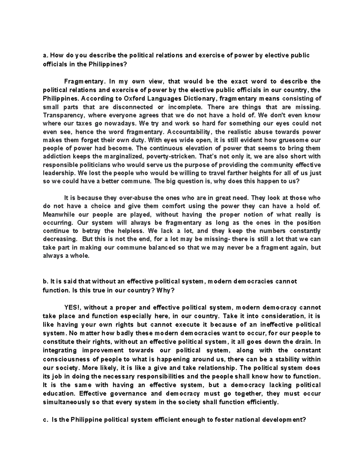 Philippine Politics - a. How do you describe the political relations ...