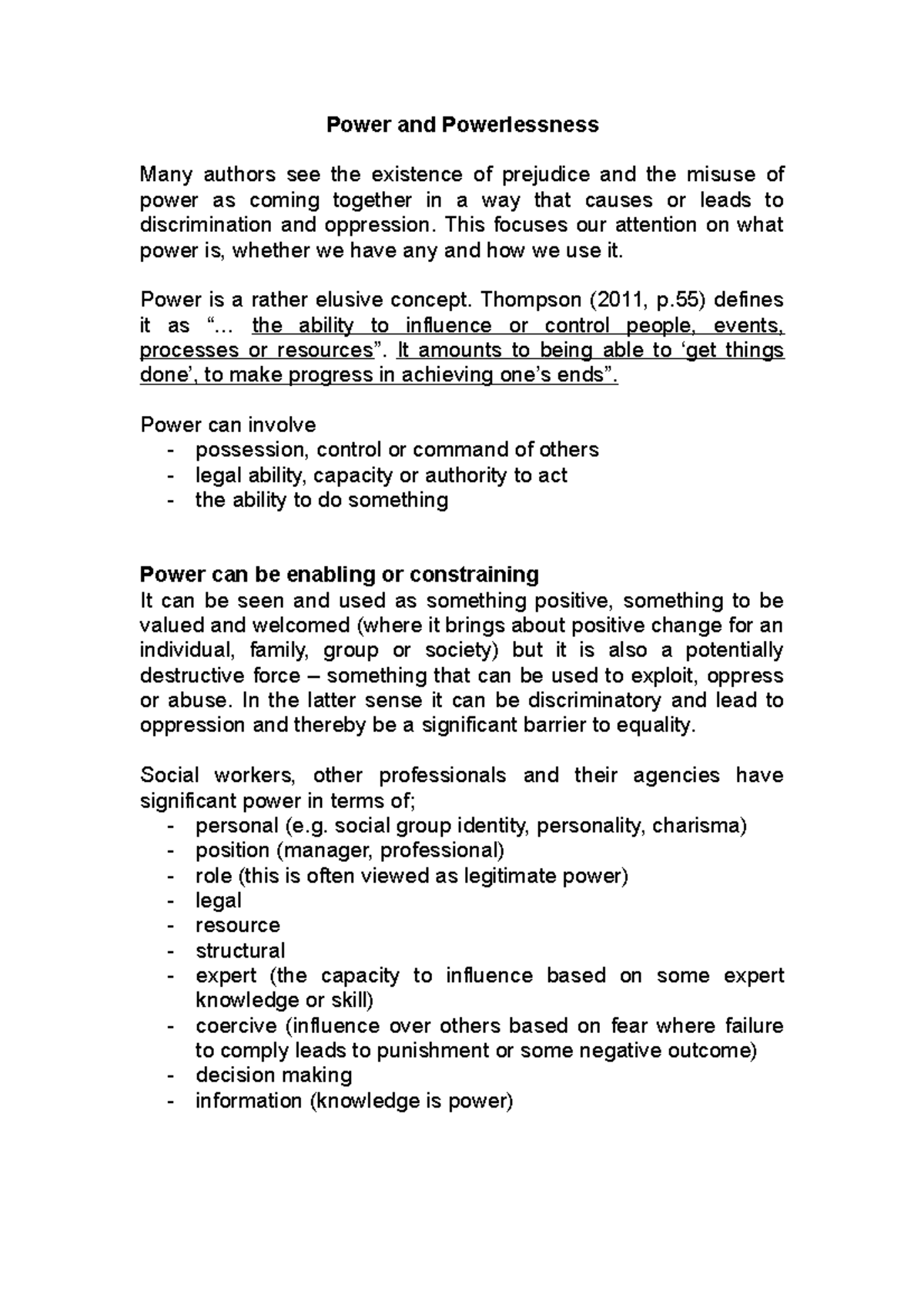 Power and Powerlessness Lecture Notes - Power and Powerlessness Many ...