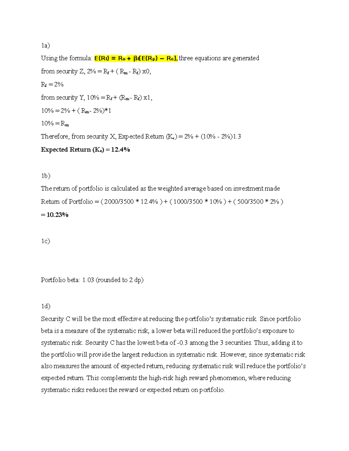 Solutions for TOA FIN203 Jan 2022 - 1a) Using the formula: E(Rl) = Ro ...