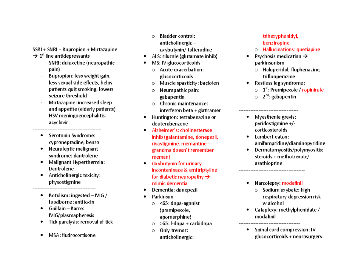 Neuro Medication LIST - SSRI + SNRI + Bupropion + Mirtazapine 1 st line ...