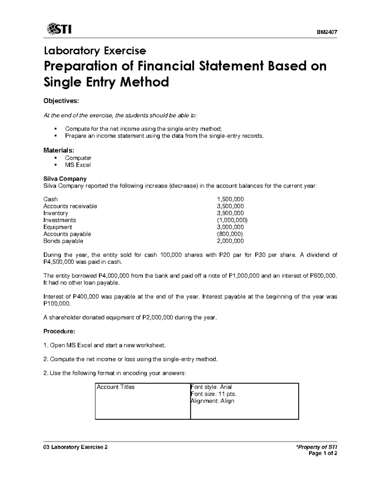 FAR3 03 Laboratory Exercise 2 - BM 03 Laboratory Exercise 2 *Property ...